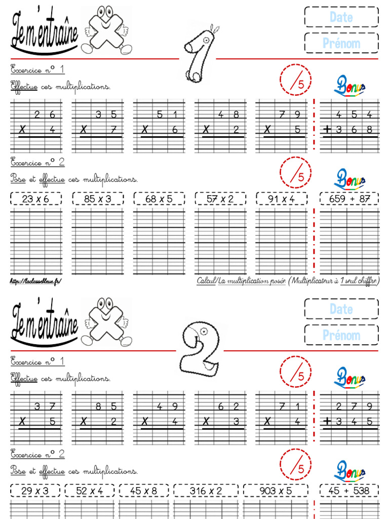 Exercices de multiplication posée CE1/CE2 | PDF | Échecs