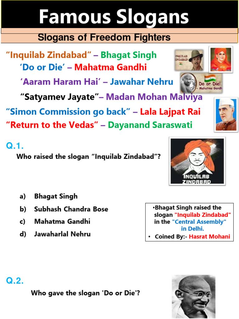 Famous Slogan PDF | PDF | Indian Independence Movement | Jawaharlal Nehru