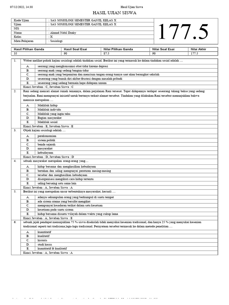 Hasil Ujian Sosiologi Kelas X 2022 | PDF