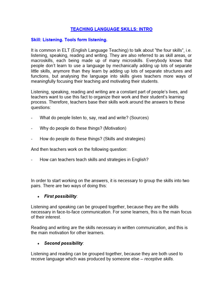 Teaching Language Skills | PDF | Learning | Language Education