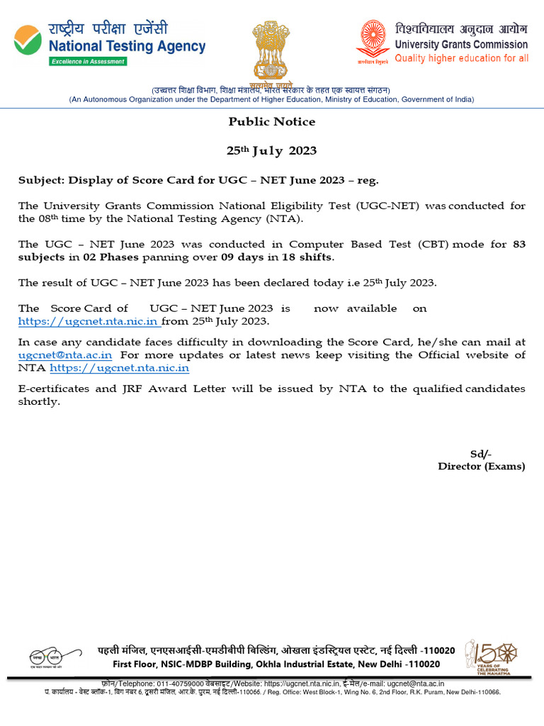 Public Notice 25 July 2023: Subject: Display of Score Card For UGC - NET June 2023 - Reg | PDF