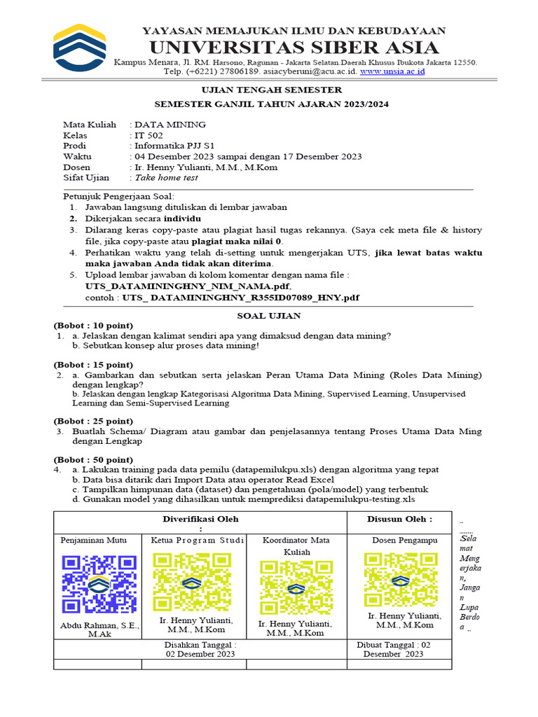 UTSDes23 - Soal UTS Data Mining IT502 - Henny Yulia | PDF