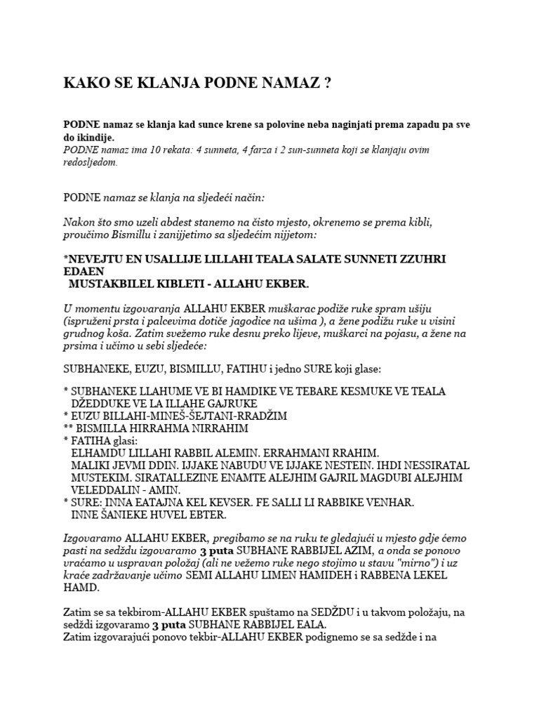 Kako Se Klanja Podne Namaz | PDF