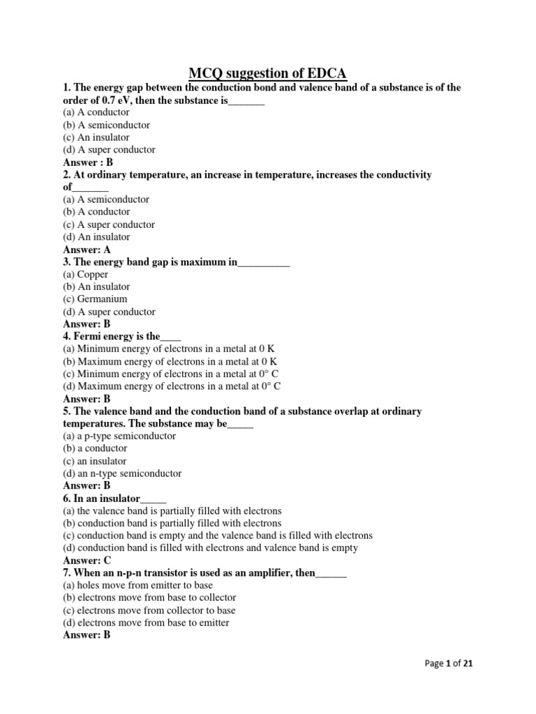 Semiconductor MCQ and Answer | PDF | Bipolar Junction Transistor | P–N Junction