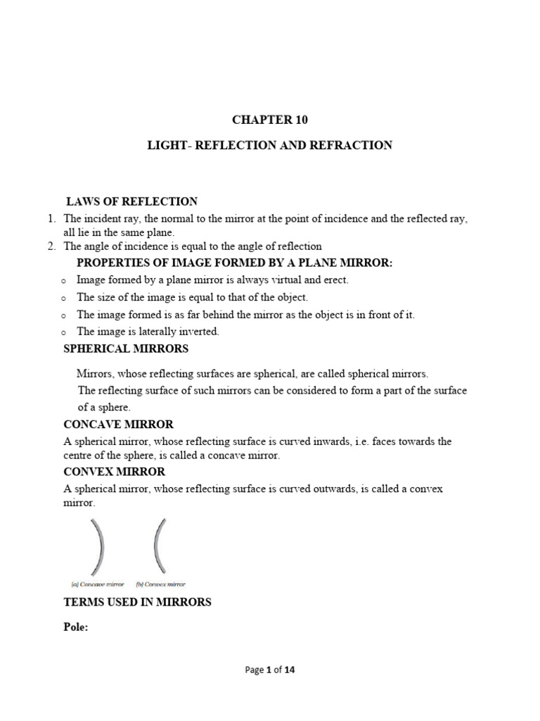CHAPTER 10 Light-Reflection and Refraction | PDF | Mirror | Refractive Index