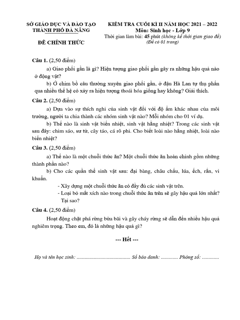 De Va HDC Sinh Hoc 9 - Cuoi HK 2 - NH 2021-2022 | PDF