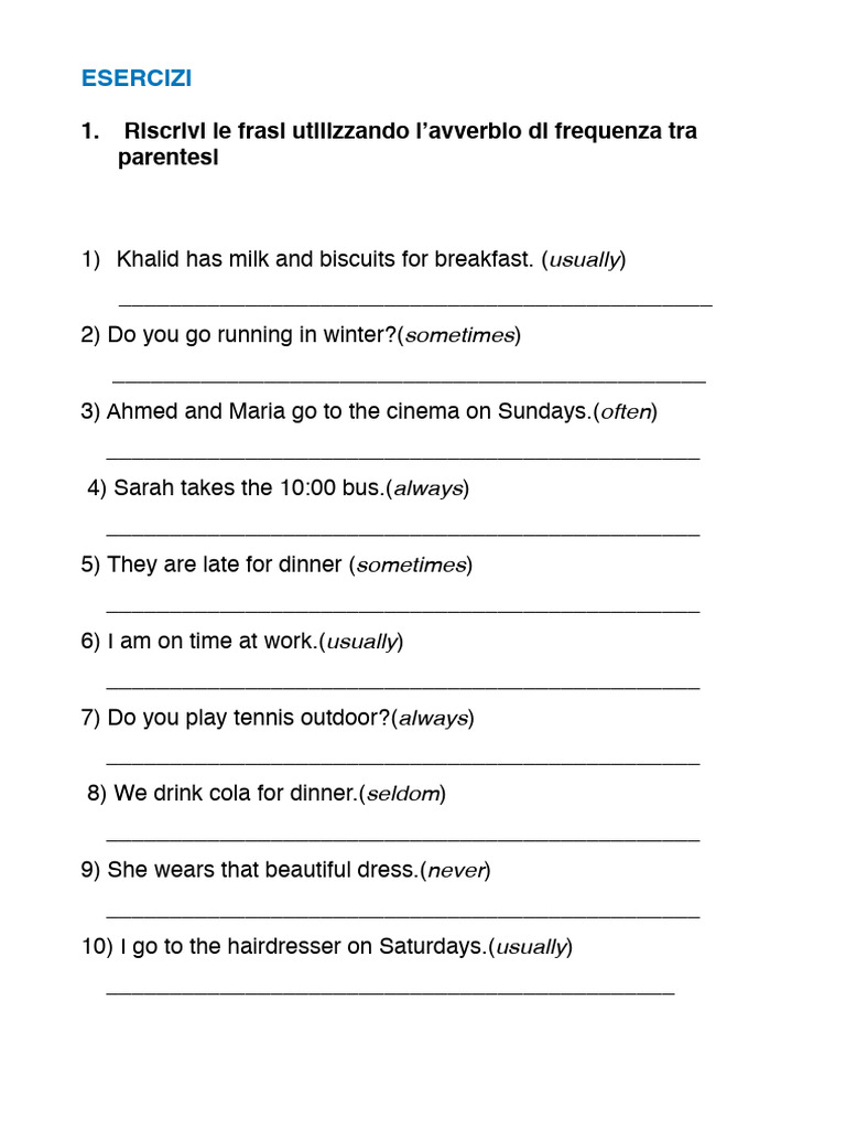 Esercizi sugli Avverbi di Frequenza | PDF | Teaching Methods & Materials