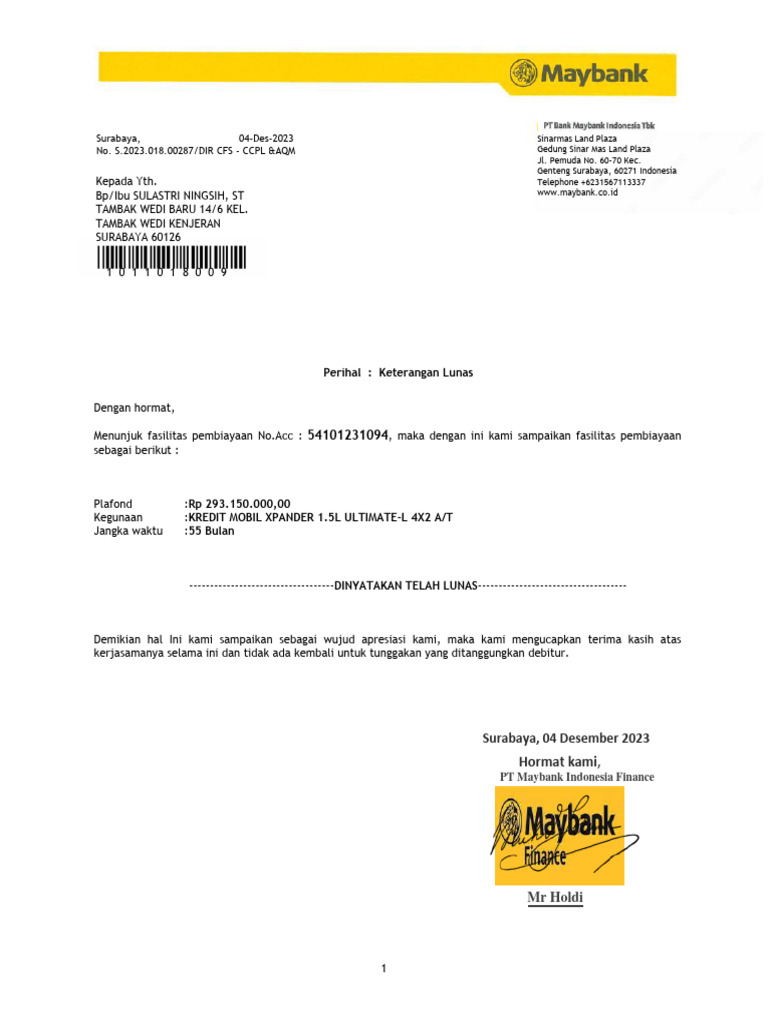 Surat Lunas Maybank (Sulastri Ningsih) | PDF