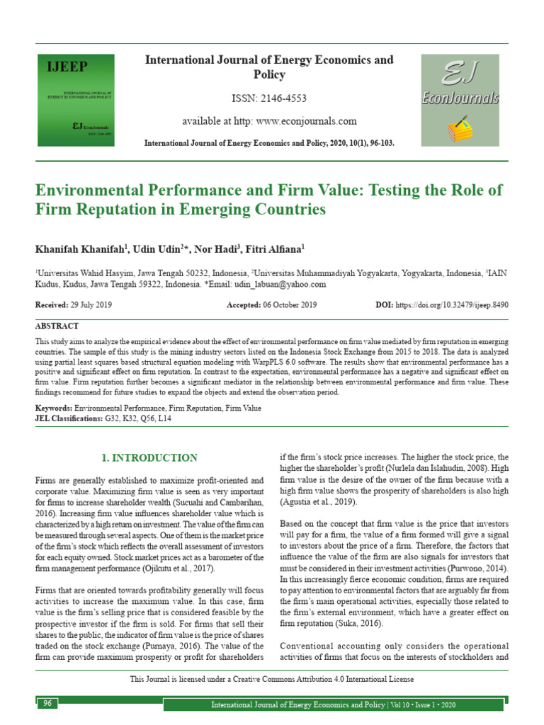 Khanifah, Et Al. (2019) - Environmental Performance | PDF | Stocks | Coefficient Of Determination