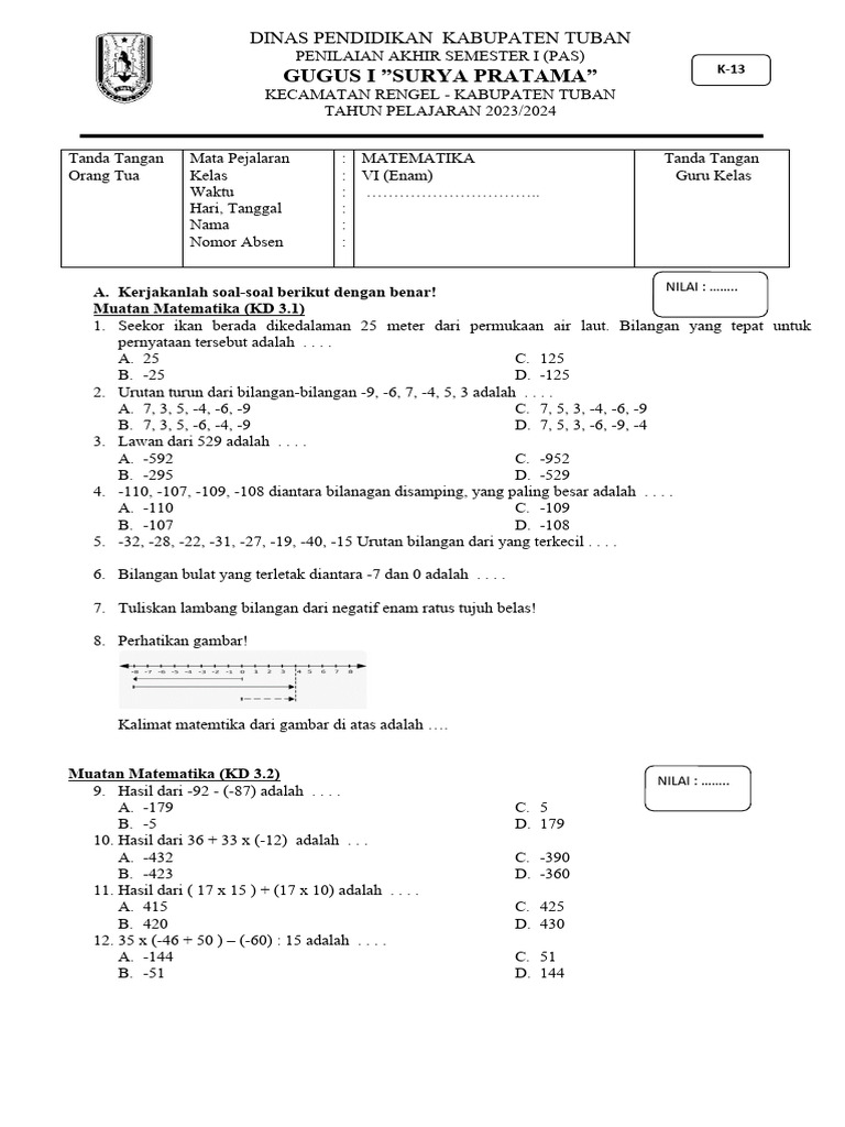 Soal MTK - Kelas 6 | PDF
