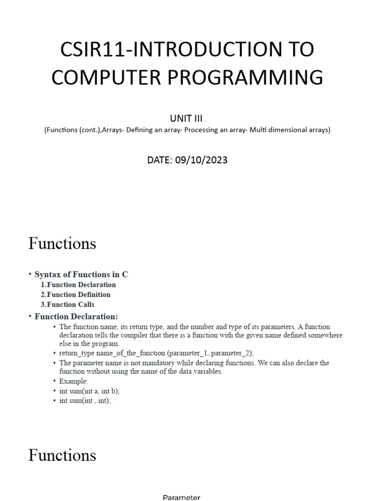Csir11 Introduction To Computer Programming Unit Iii Pdf Parameter Computer Programming