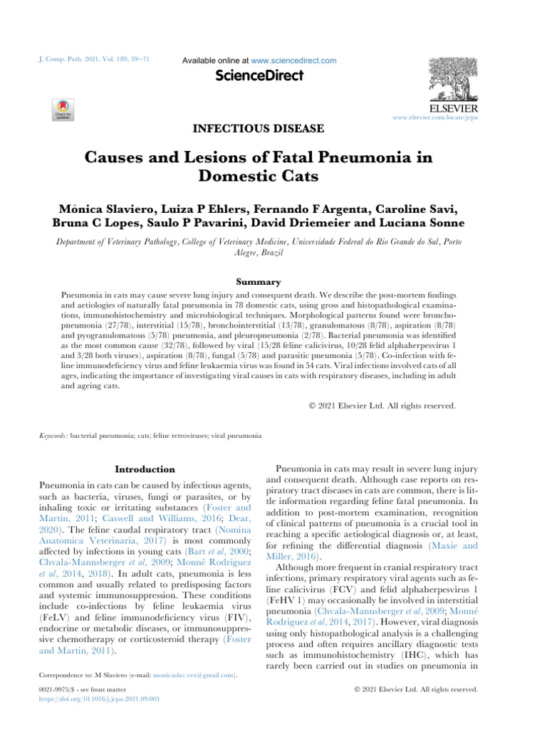 Fatal Pneumonia Causes in Domestic Cats | PDF | Pneumonia | Lung