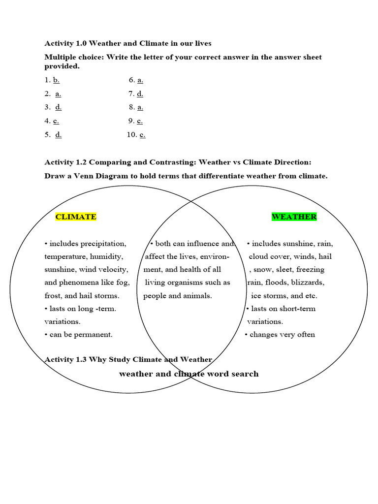 Weather Vs Climate Worksheet