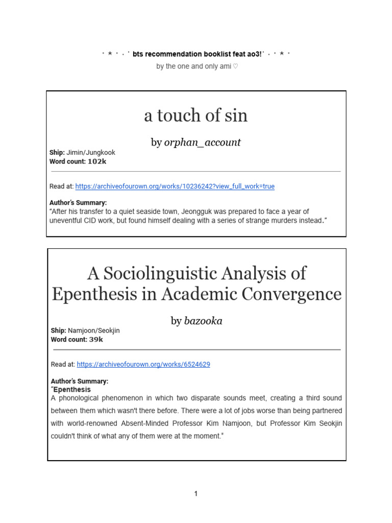 Bts Recommendation Booklist Feat Ao3 | PDF