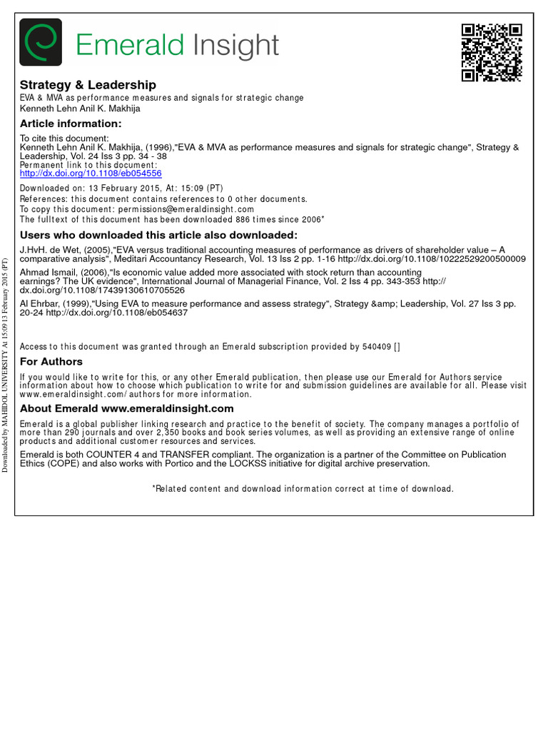 Makhija & Lehn (1996) - EVA & MVA | PDF | Cost Of Capital | Return On Equity