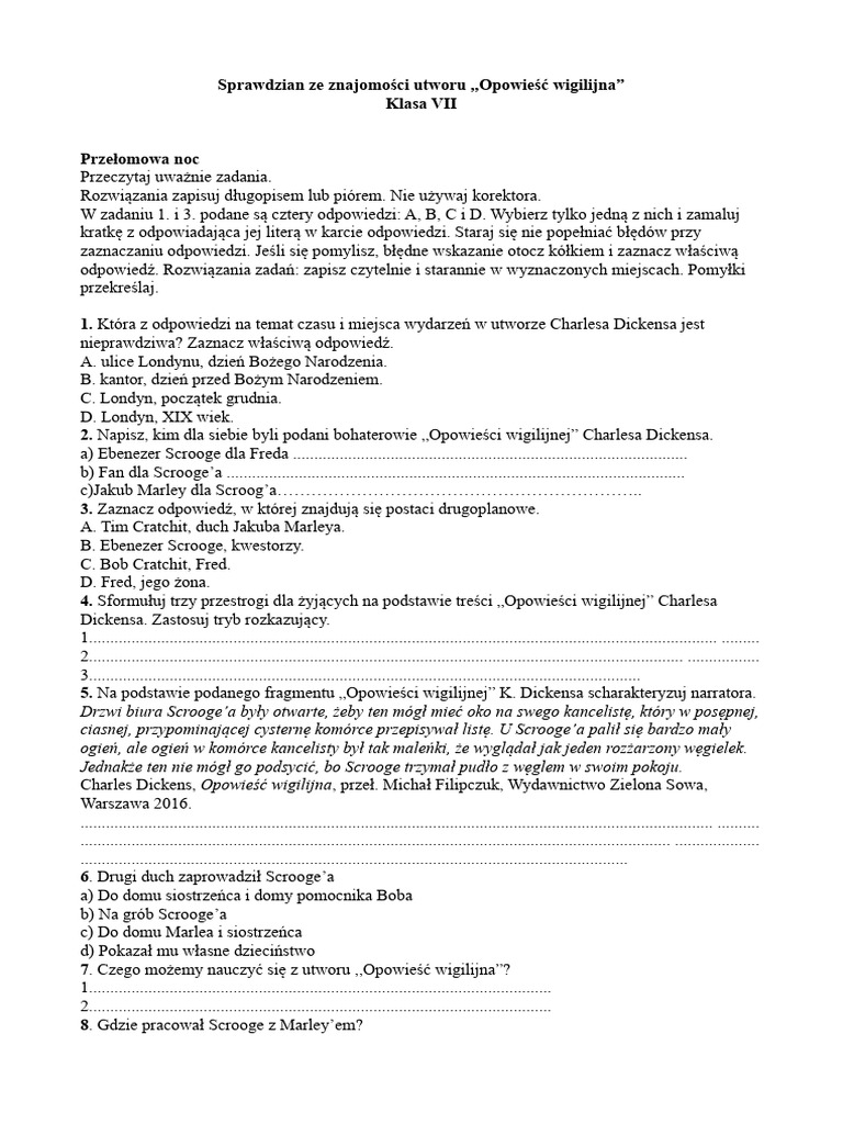 Sprawdzian Opowiesc Wigilijna | PDF Sprawdzian Opowiesc Wigilijna | PDF