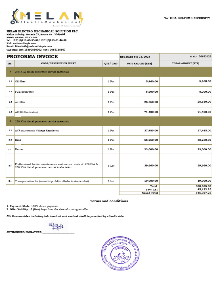 Proforma Invoice: To: Oda Bultum University | PDF | Electricity ...