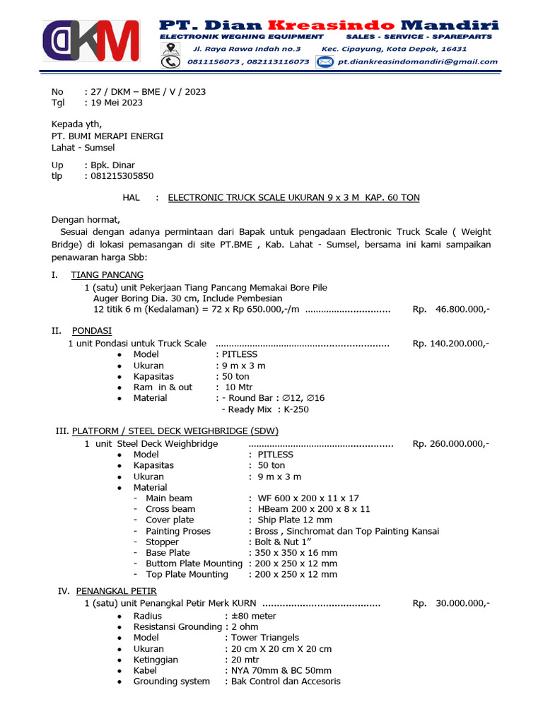 PT BME Weight Bridge 9 X 3 M Kap.60T | PDF