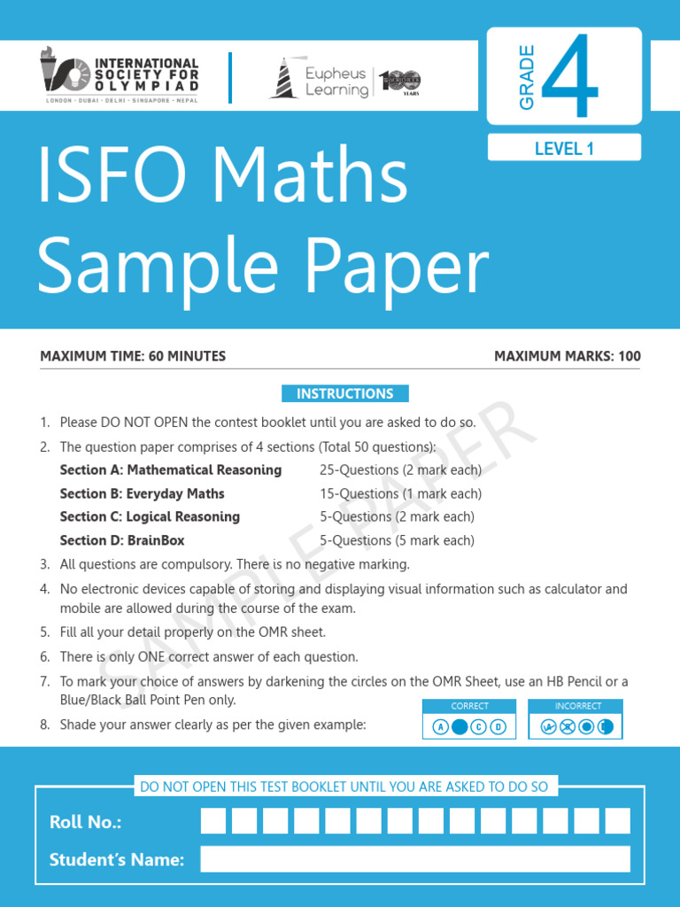 IMO Sample Paper CL 4 | Download Free PDF | Mathematics
