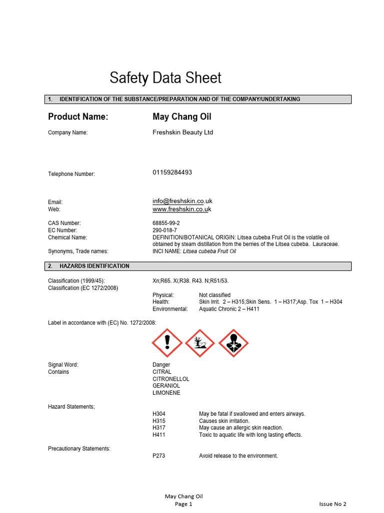 May Chang Essential Oil Sds | PDF | Toxicity | Personal Protective ...