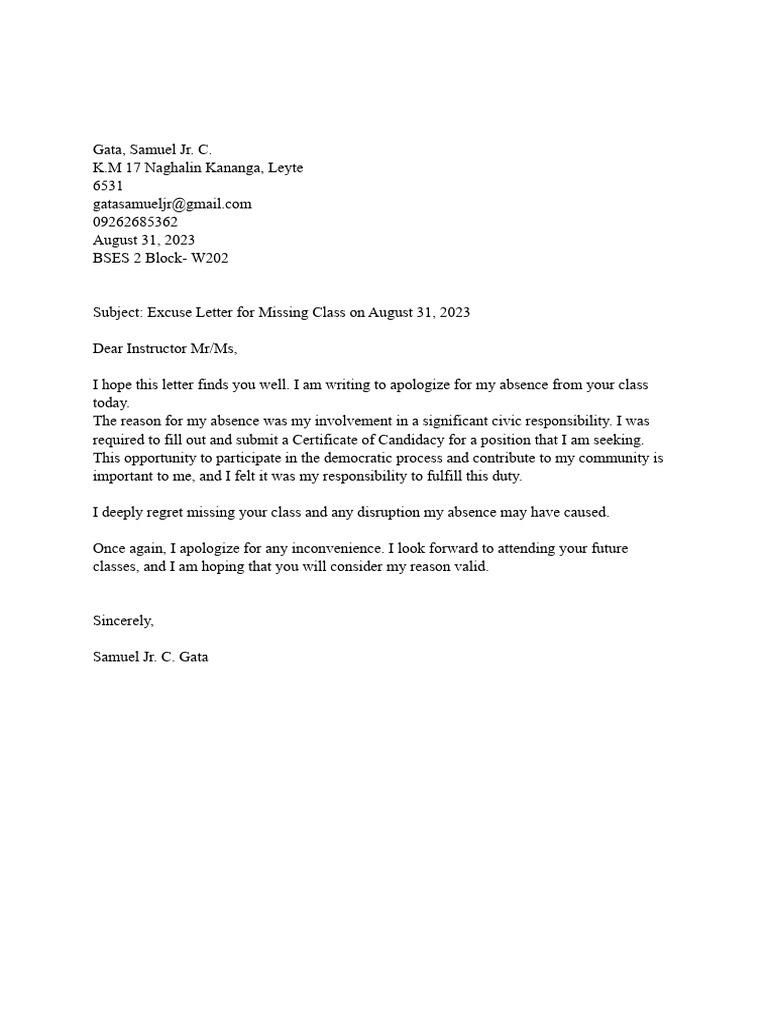 Excuse Letter | PDF