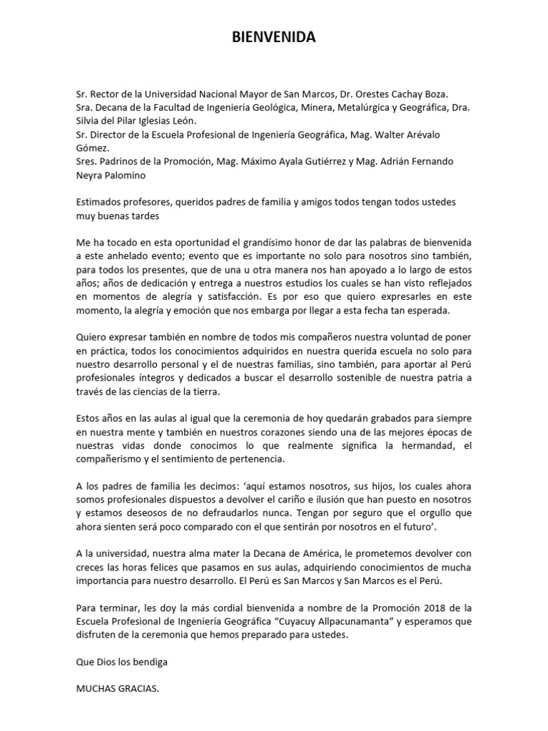 Modelo de Discurso de Bienvenida | PDF Modelo de Discurso de Bienvenida | PDF