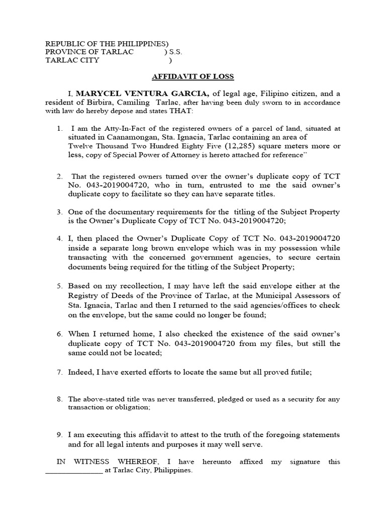 Loss Title Romel Reyes Barrozo | PDF | Affidavit | Common Law