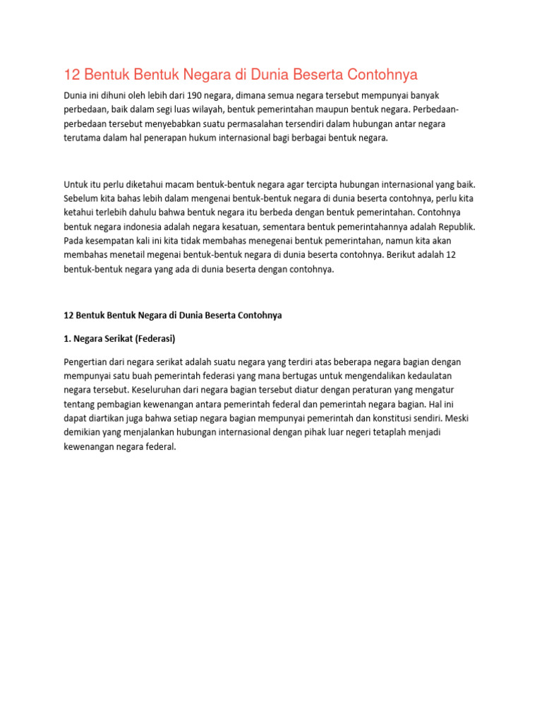 12 Bentuk Bentuk Negara Di Dunia Beserta Contohnya Pdf