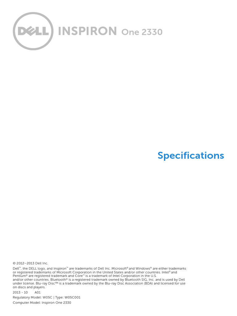 Dell Inspiron One 2230 Specs | PDF | Usb | Computer Engineering