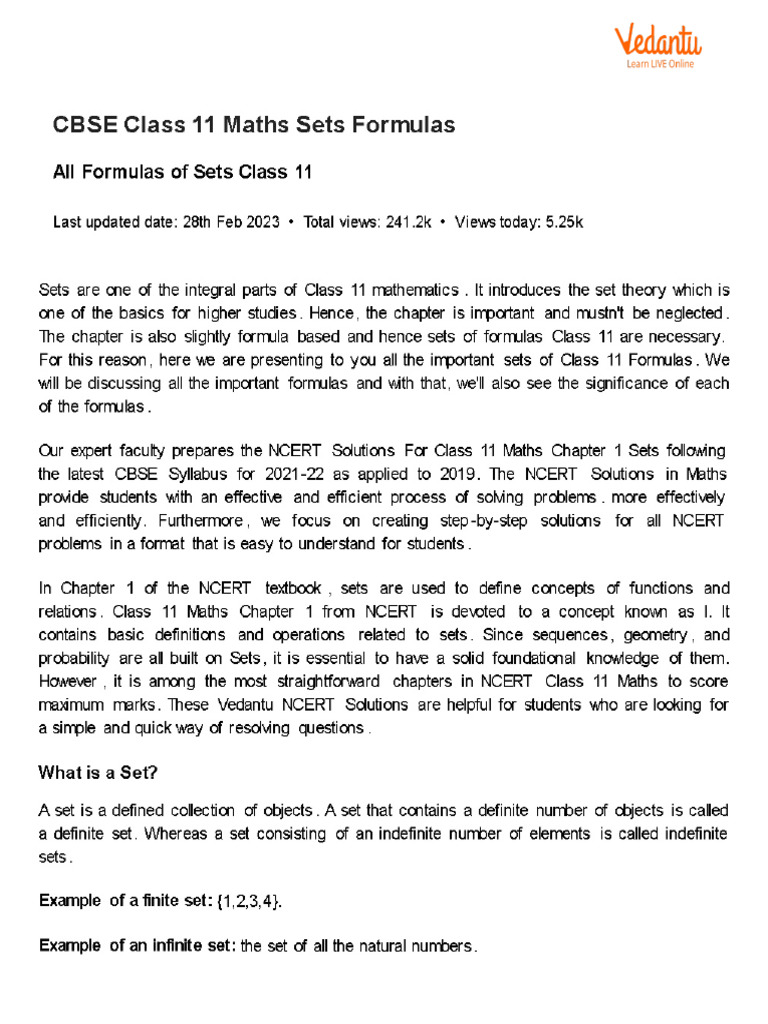 CBSE Class 11 Maths Sets Formulas | PDF