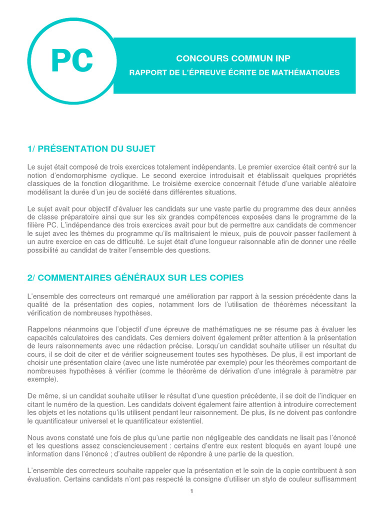 Rapport Concours INP Mathématiques | PDF | Valeur propre, vecteur ...