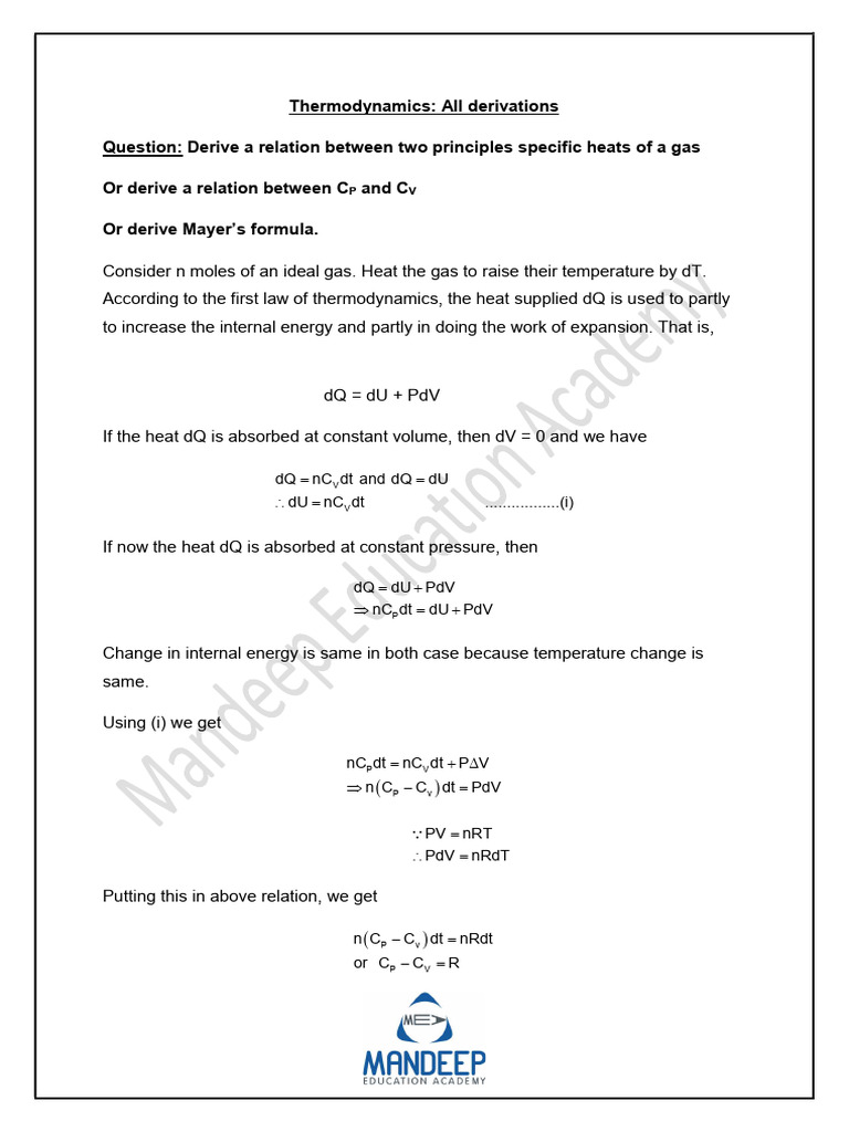 Thermodynamics All Derivations | PDF | Heat | Gases