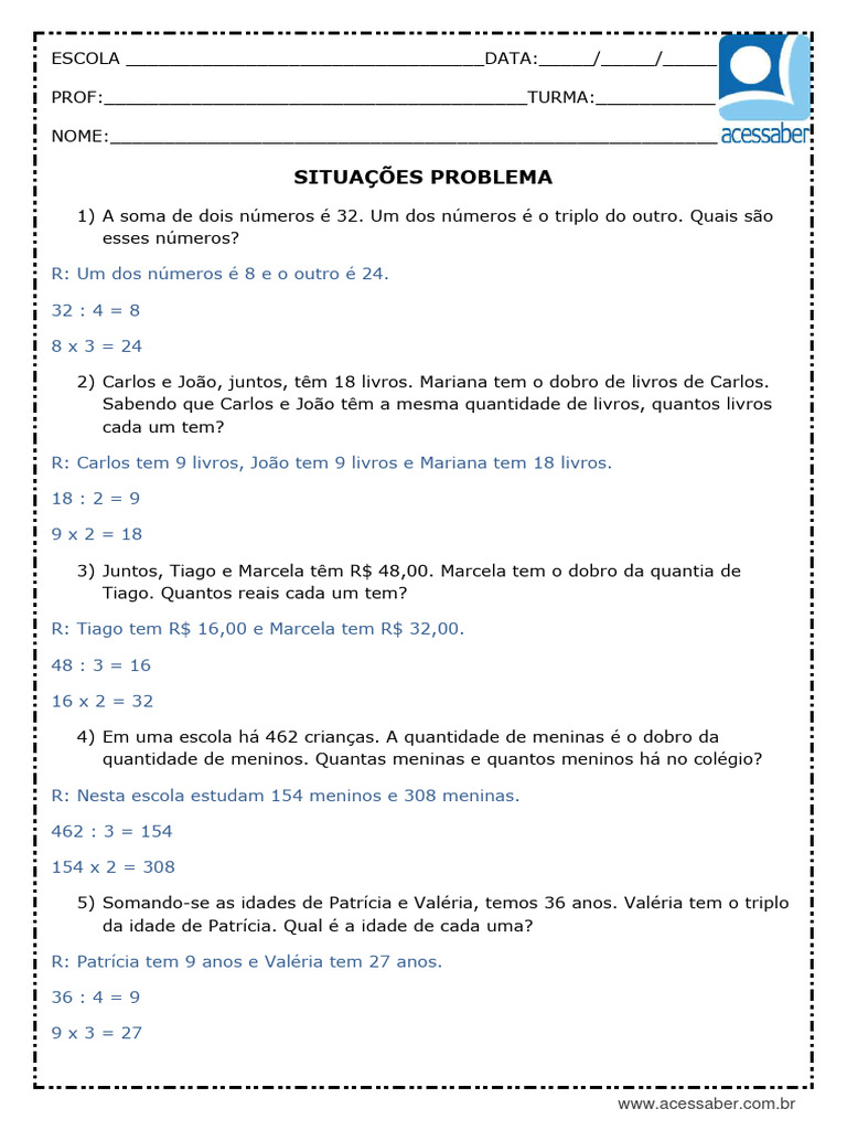 Atividade de Matematica Situacoes Problema 5 Ano e 6 Ano Respostas | PDF | Ciências Sociais ...