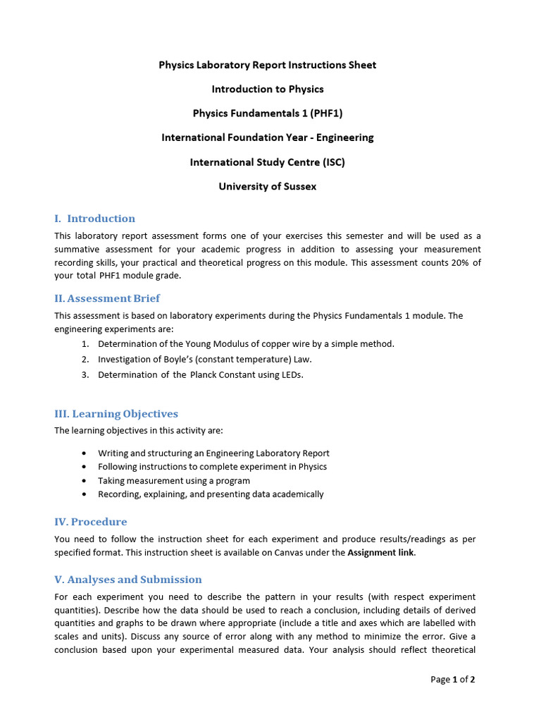 PHF1-Laboratory Report Instructions Sheet-AUT-2023 | PDF | Experiment ...