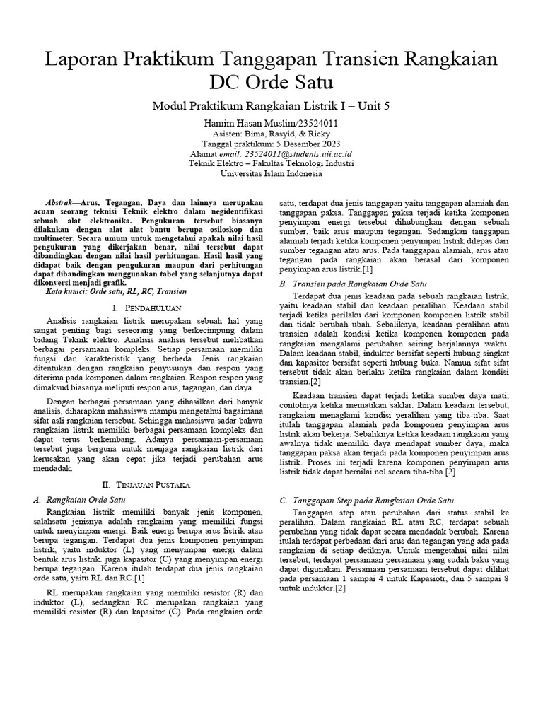 Laporan Praktikum Tanggapan Transien Rangkaian DC Orde Satu | PDF