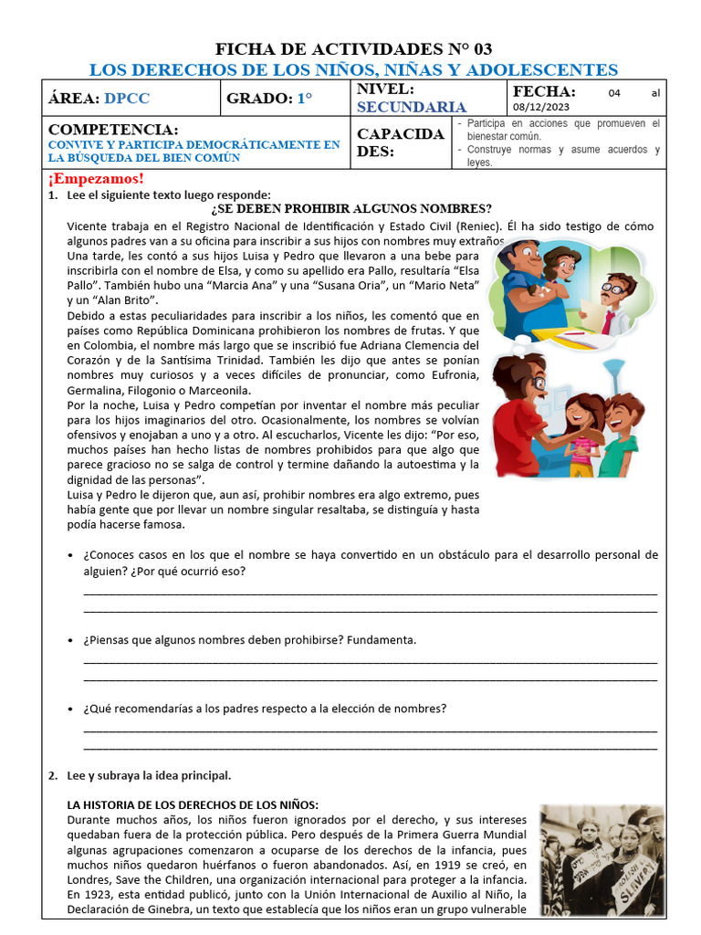 Unidad 8 - Ficha - Sem 3 - DPCC 1° | PDF | Derechos de los niños | Convenio europeo de derechos ...