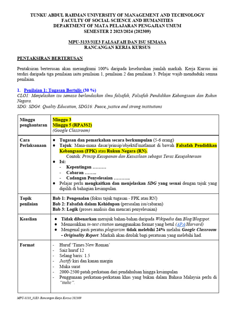 MPU-3133 FIS Rancangan Kerja Kursus 202309 | PDF