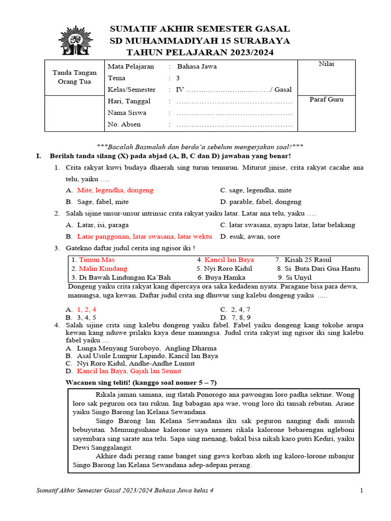 Soal B. Jawa Pas Gasal Kelas 4 | PDF
