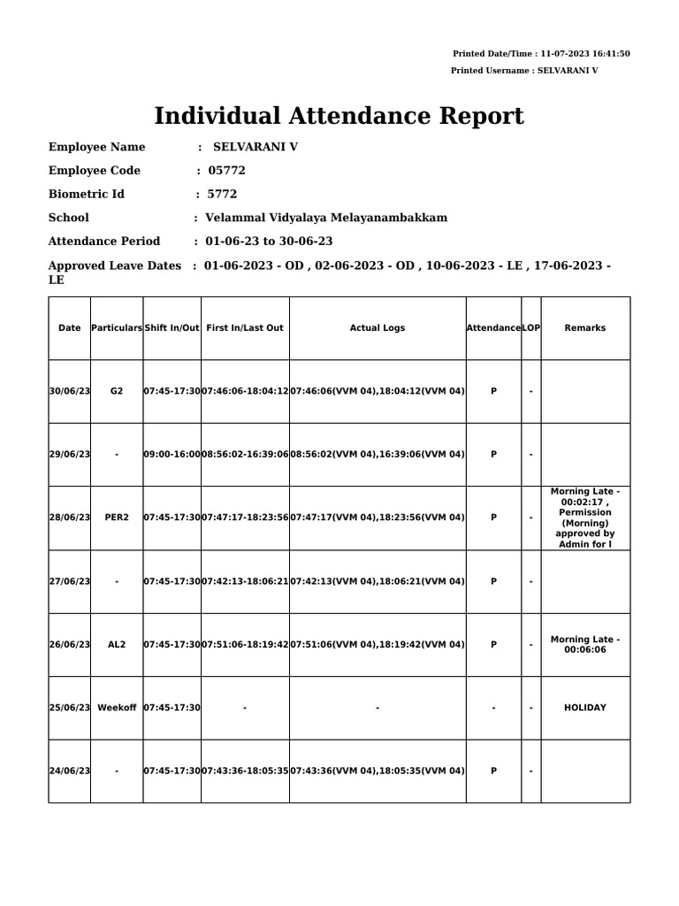 June Attendance Report for Selvarani V | PDF