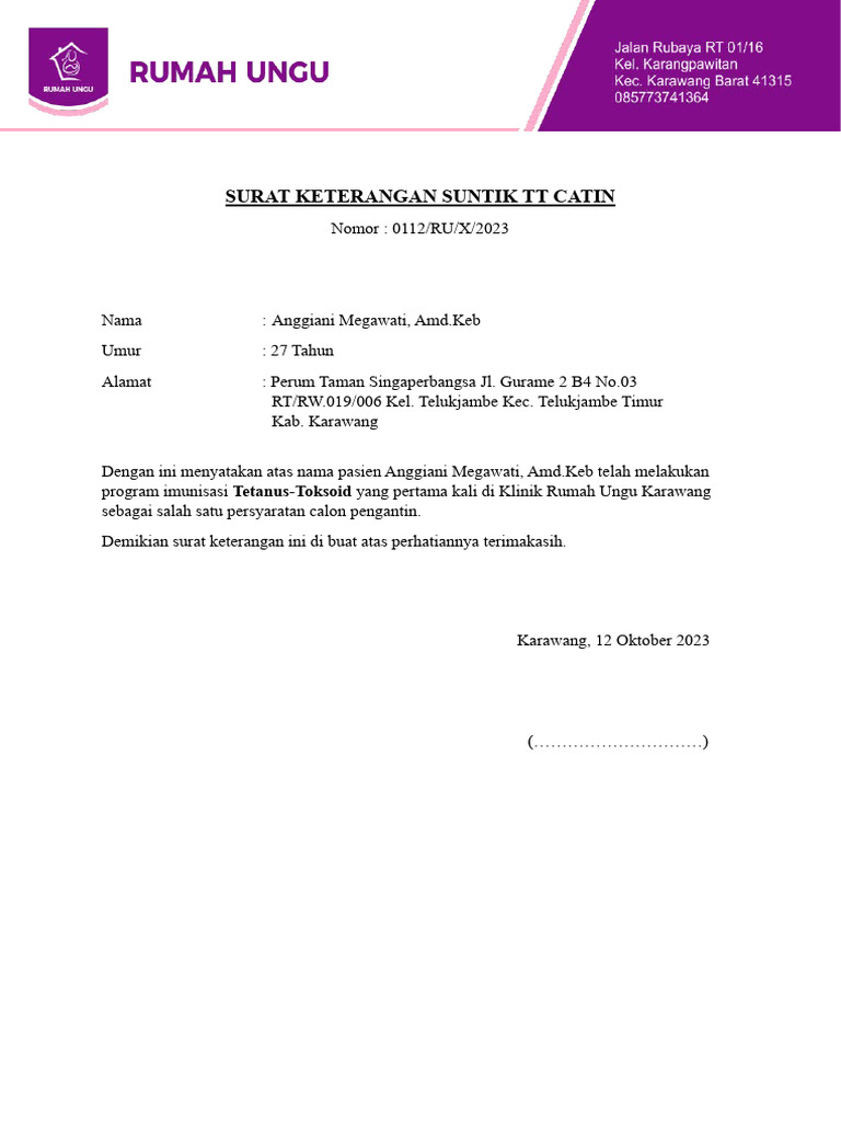 Surat Keterangan Suntik TT Catin | PDF