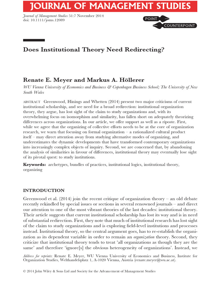 J Management Studies - 2014 - Meyer - Does Institutional Theory Need Redirecting | PDF | Theory ...