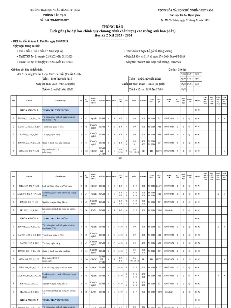 LICH GIANG LỊCH THI HK2 NH 2023 2024 He CLC | PDF