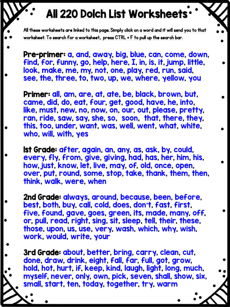 All 220 Dolch List Worksheets | PDF