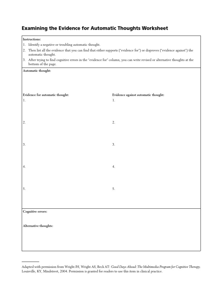 Automatic Thoughts Evidence Worksheet | PDF | Science & Mathematics