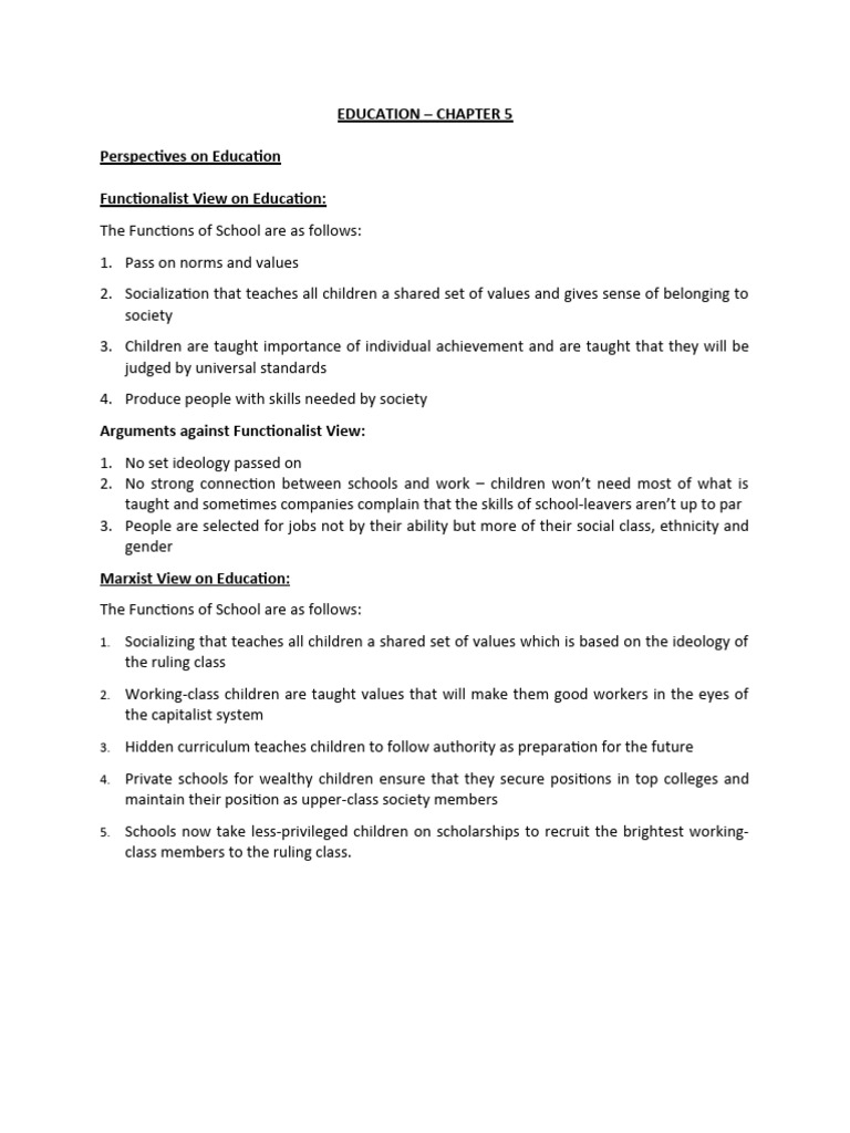 Chapter 5 Education Notes Pdf Socialization Schools