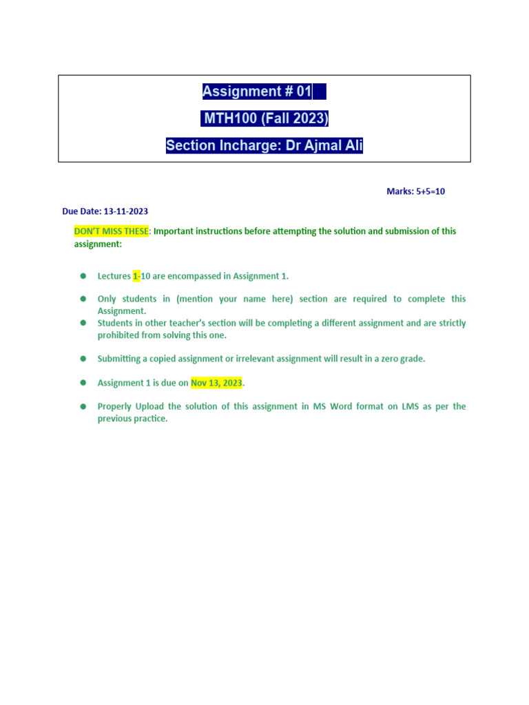 Solution Assignment 1 MTH100 | PDF