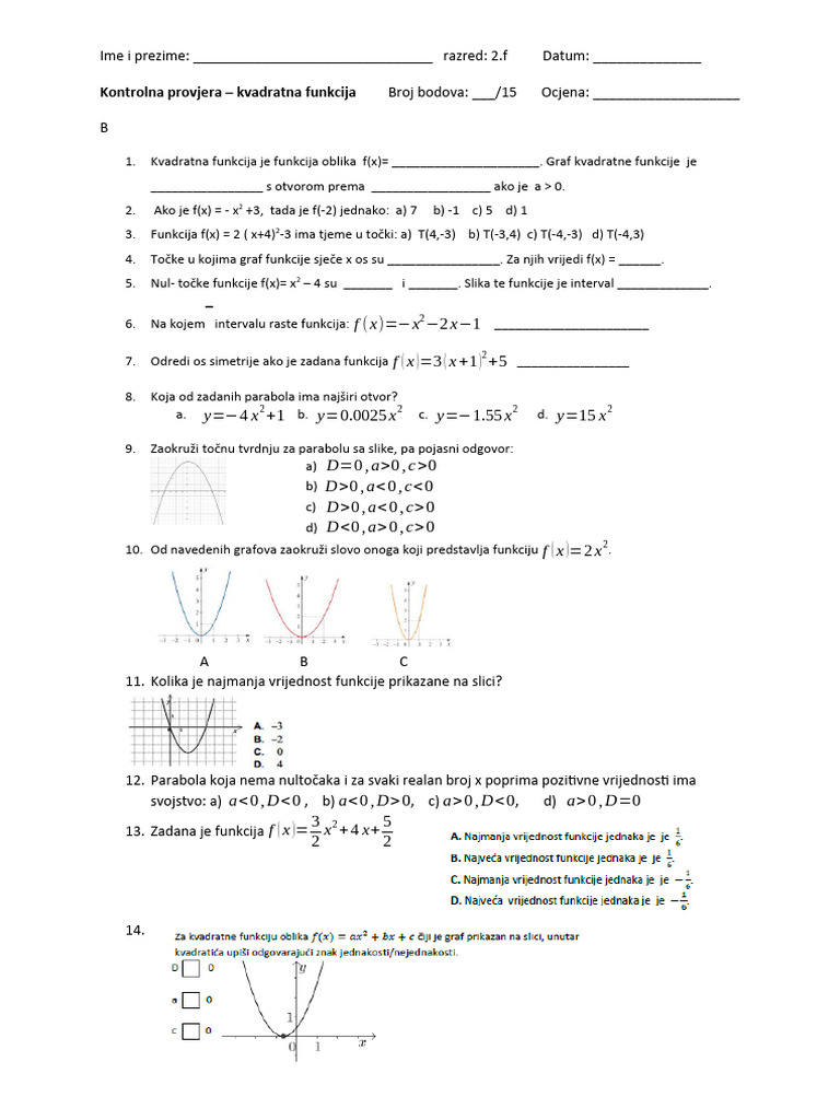 Kvadratna Funkcija Kontrolna Provjera B | PDF