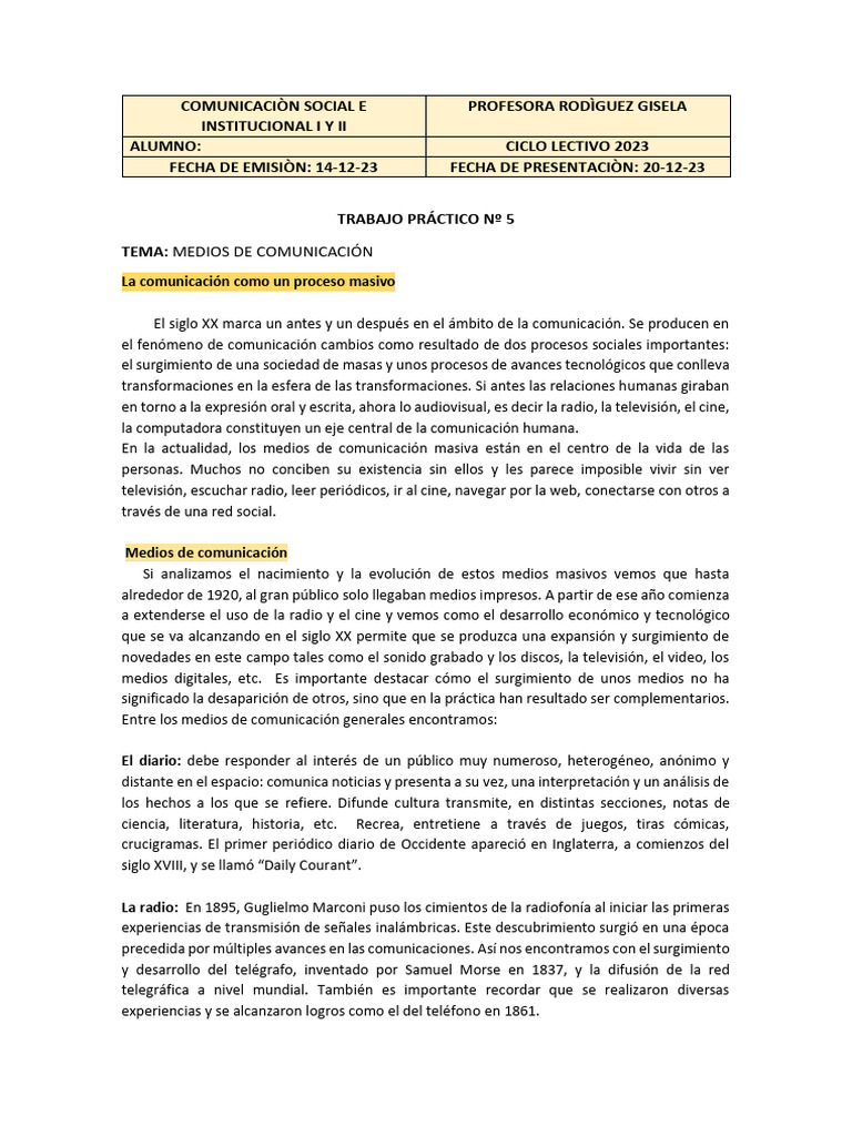 Comunicaciòn Social e Institucional I y Ii TP5 | PDF