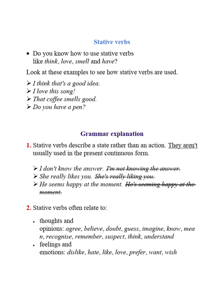 Stative Verbs Pdf