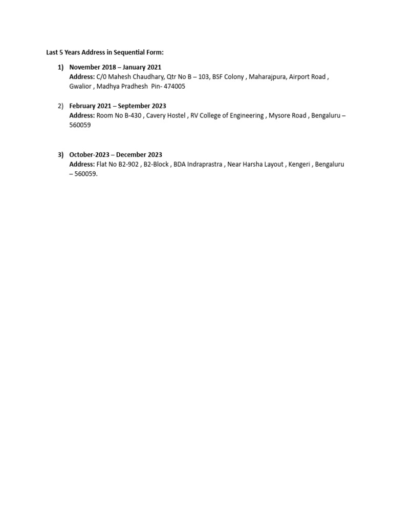 Last 5 Years Address in Sequential Form | PDF